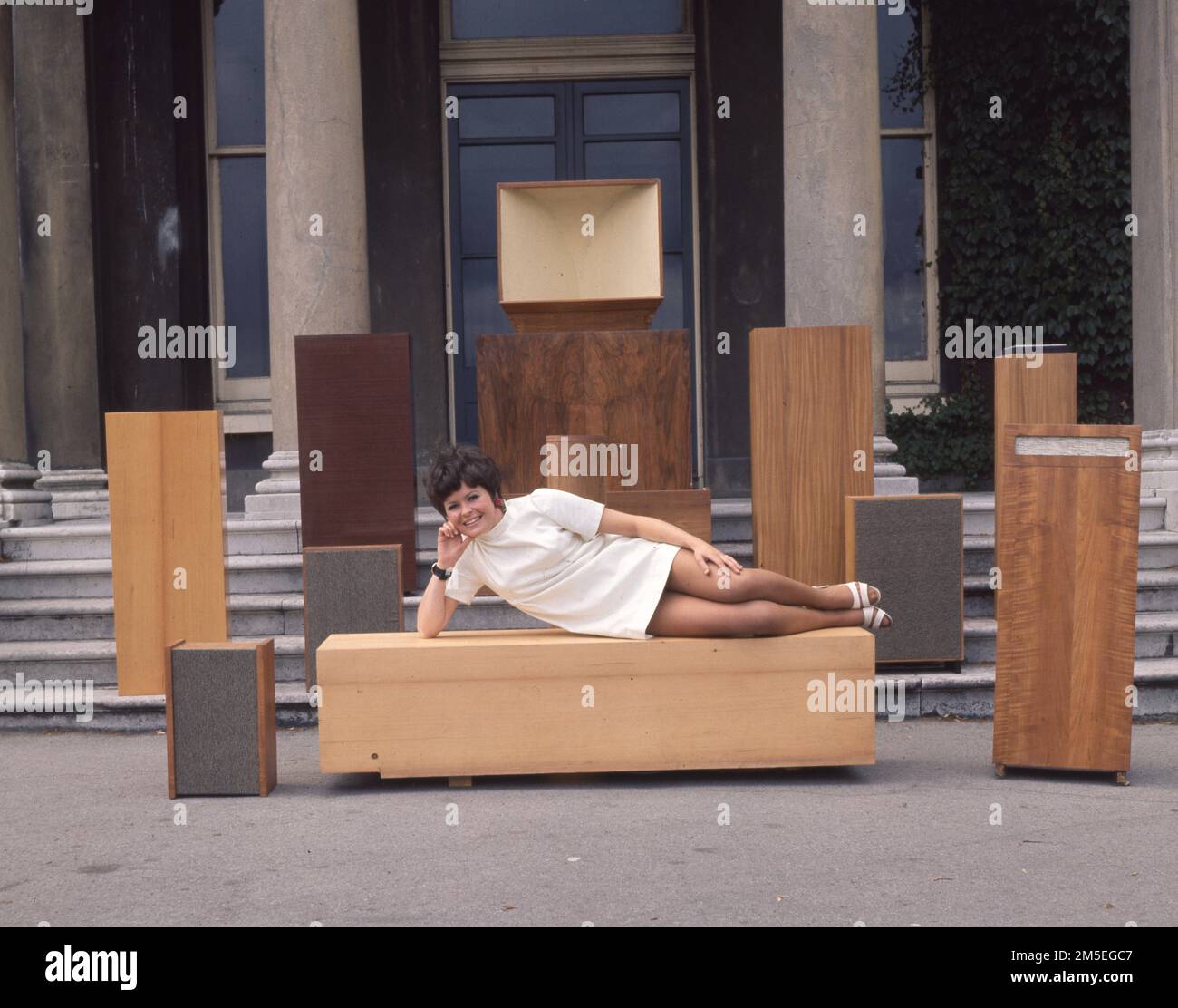 A female model poses amongst vinate large speakers c1970. Photo by ...