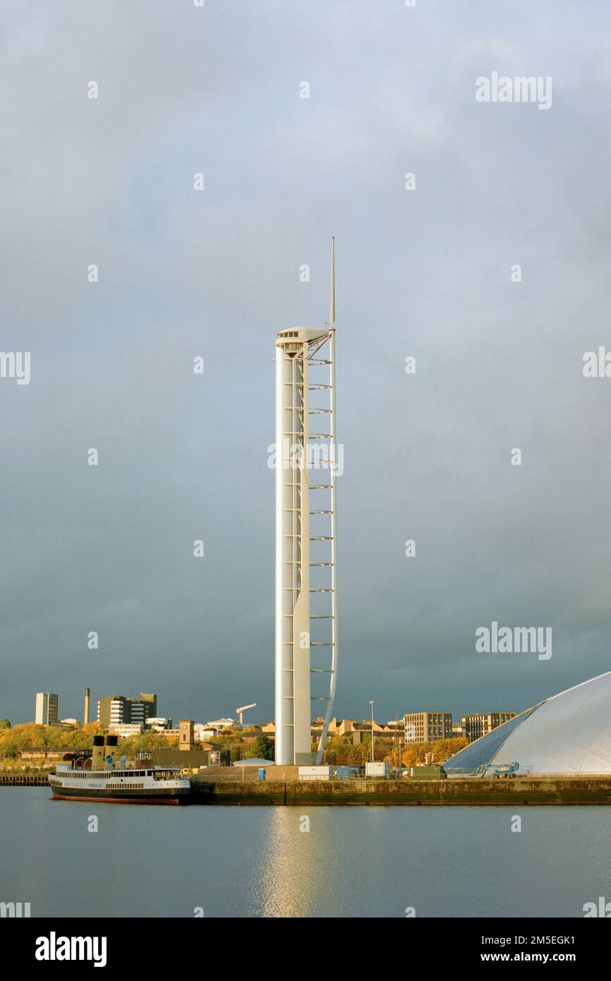 Glasgow science centre tower and the Queen Mary ship on the River Clyde ...
