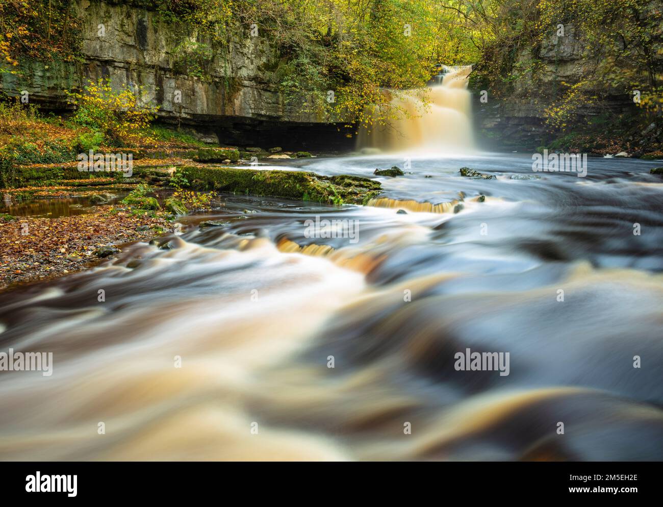 Wensleydale West Burton falls or Cauldron Falls with autumn colours ...