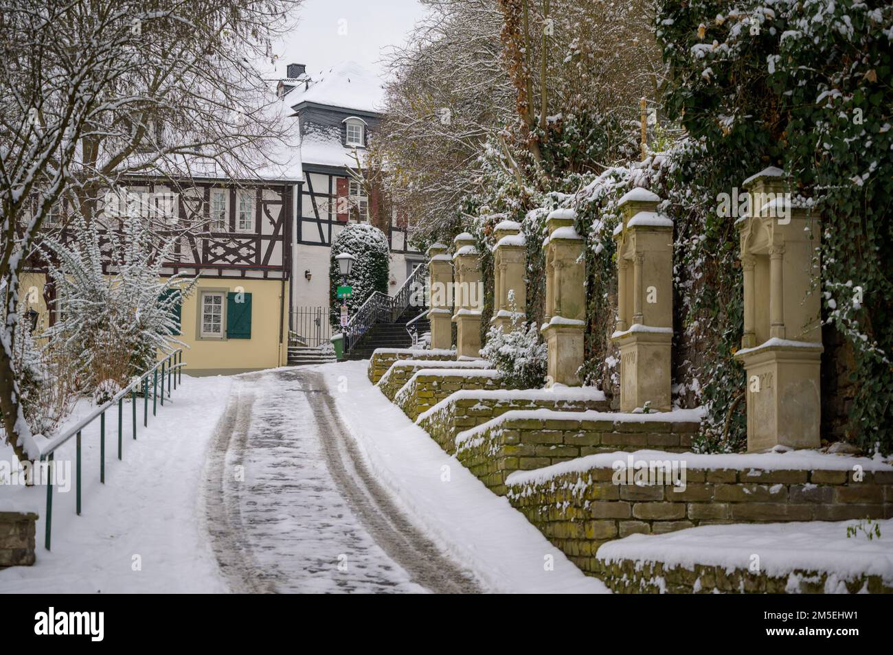 LINZ AM RHEIN, GERMANY - DEC 14, 2022: Street in snow leading up to ...