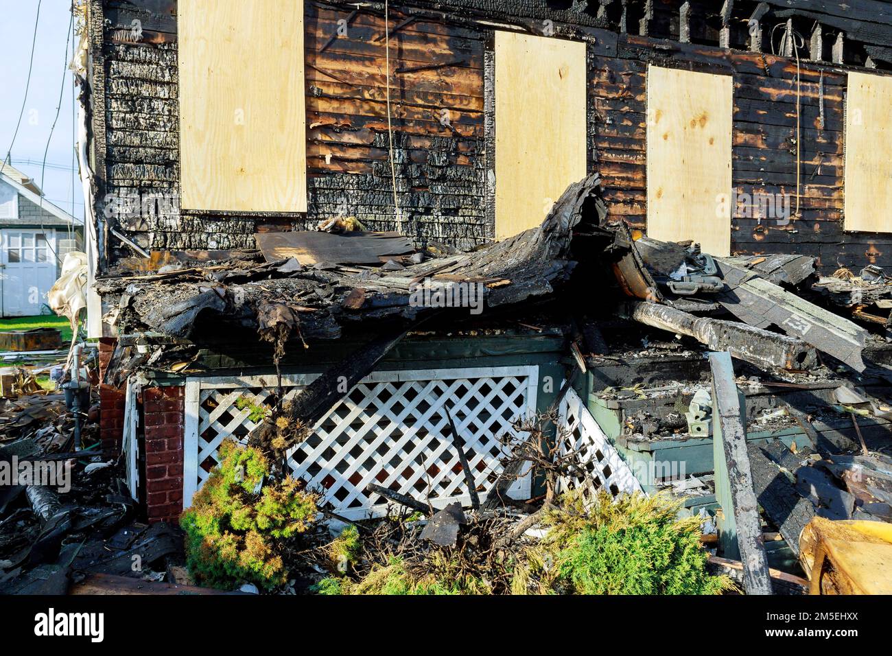 An interior disaster caused by burning house after fire ruined building ...
