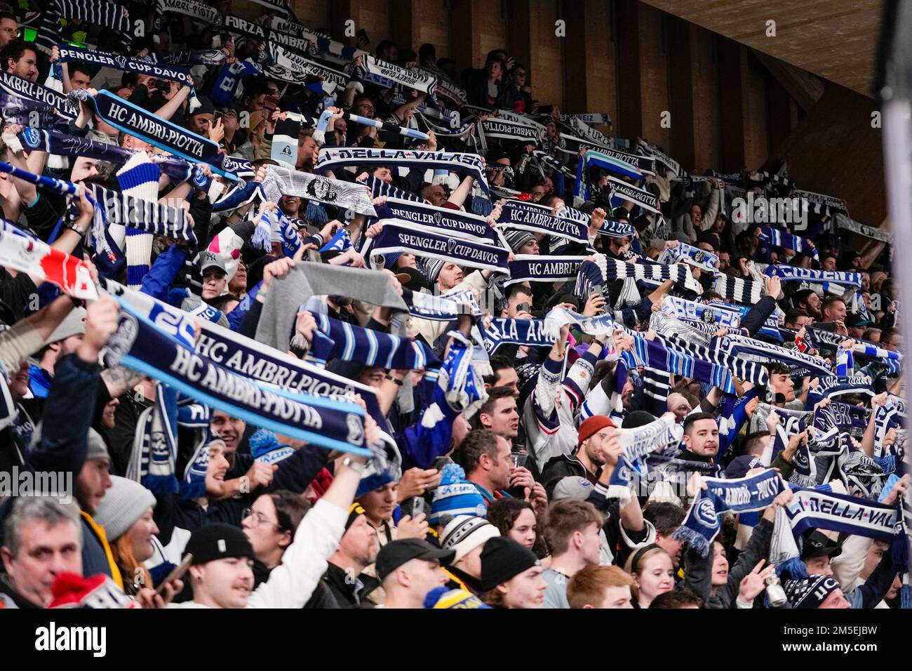 DAVOS, SWITZERLAND - DECEMBER 28: Ambri’s fans sing “La Montanara ...