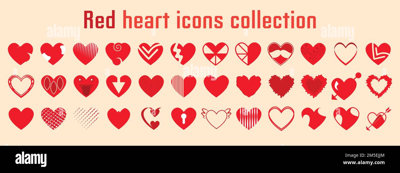 Red heart icons collection. Different styles of heart set. Red heart ...
