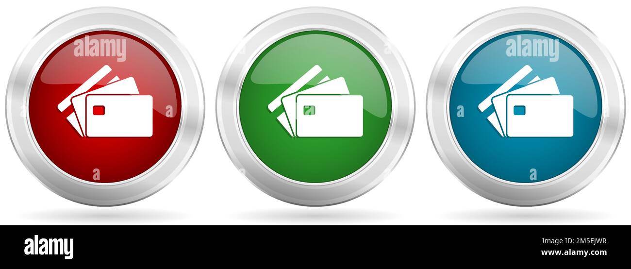 Credit card, bank, finance vector icon set. Red, blue and green silver ...