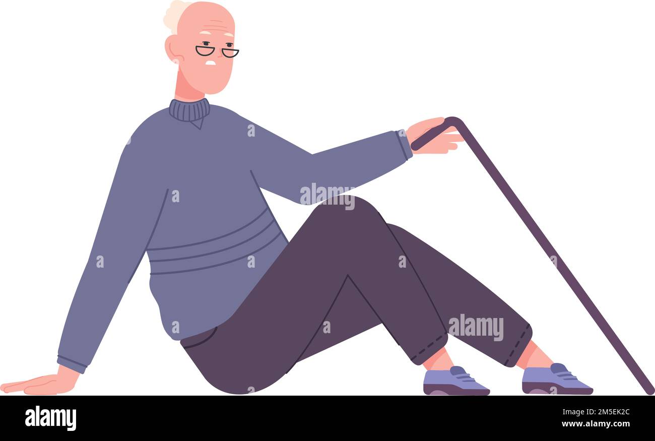 Injured old man sit on floor. Senior fall down isolated on white ...