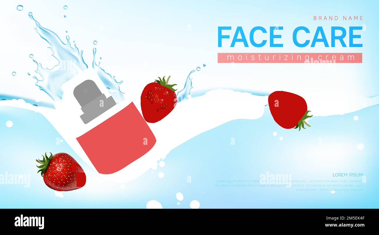 Face cream in glass jar in water splash with strawberries. Vector ...