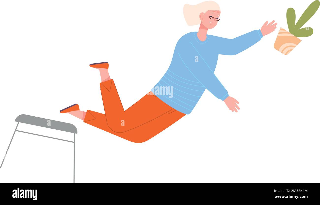 Old woman falling from chair. Dizzy senior accident isolated on white ...