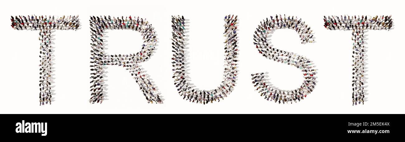 Conceptual large community of people forming TRUST word. 3d ...