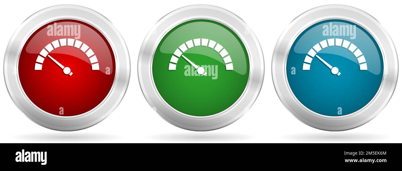 Speed meter, fast indicator vector icon set. Red, blue and green silver ...