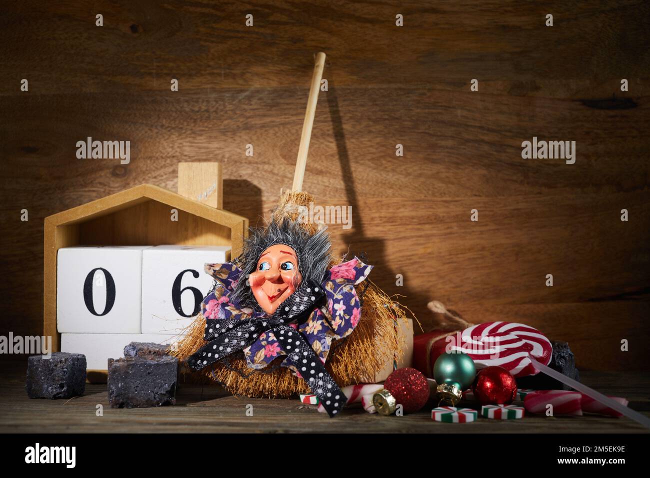 The Befana with sweet coal and candy. Italian Epiphany day tradition ...