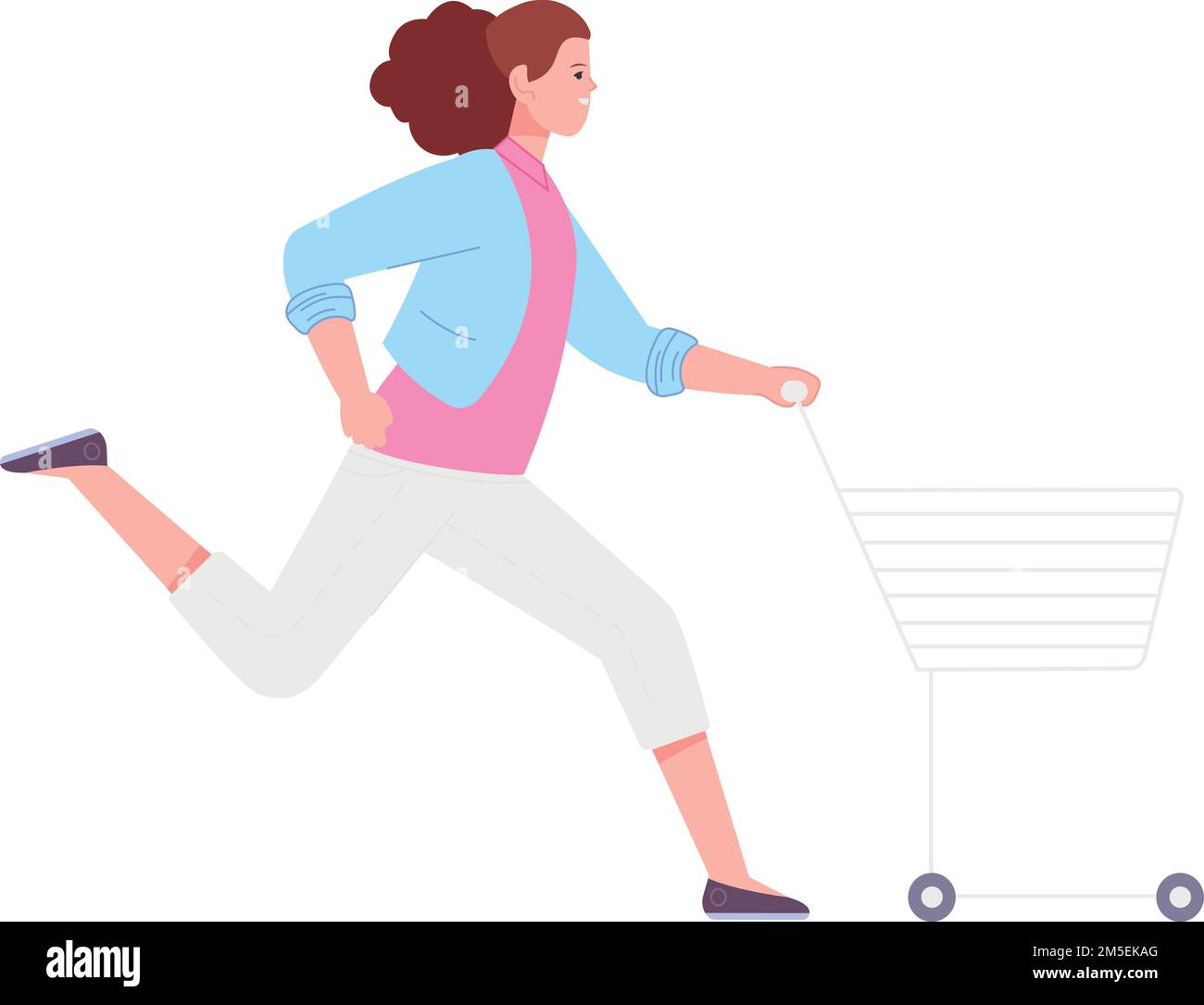 Woman running with supermarket cart. Person hurrying for shopping ...
