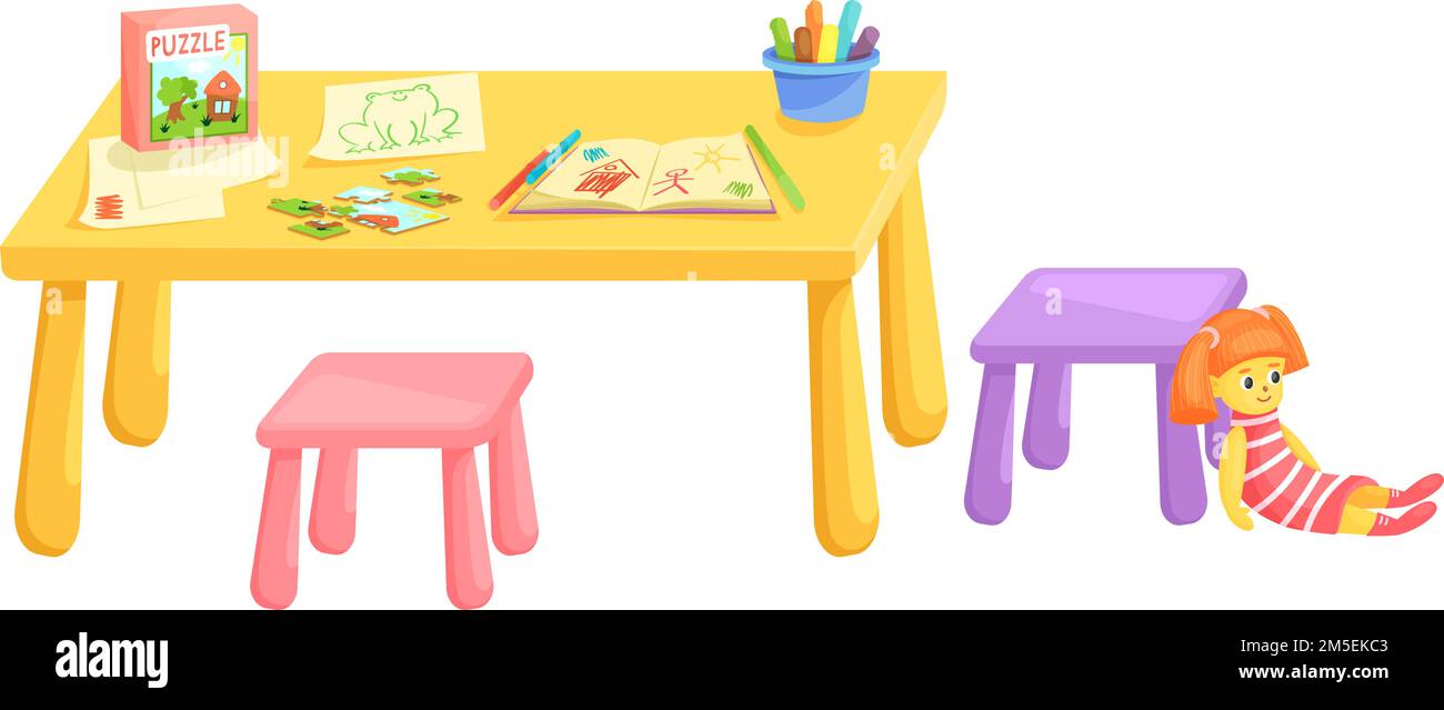 Small table with kid toys. Preschool child furniture isolated on white ...