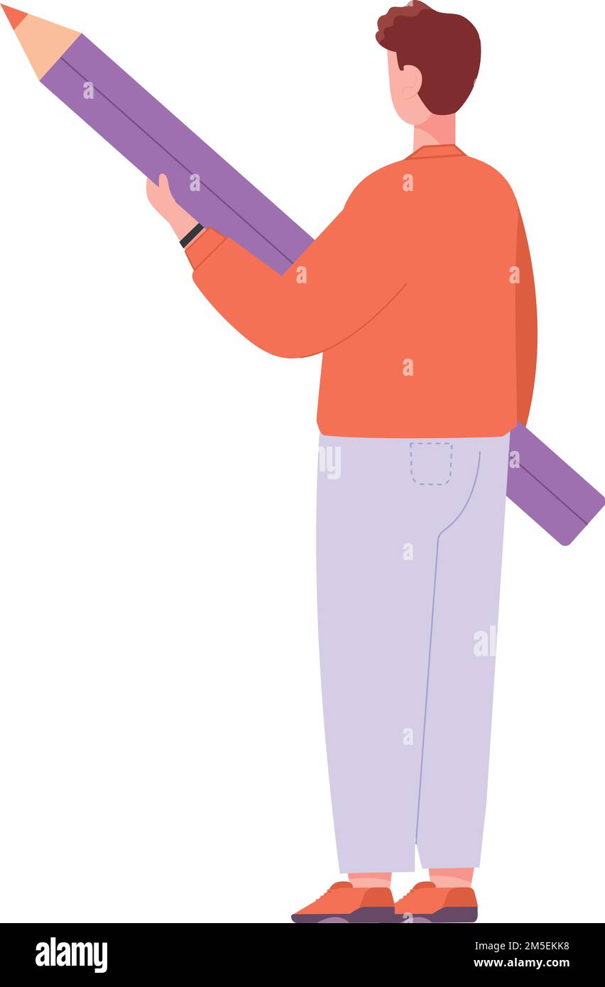 Man holding big pencil. Creative person working isolated on white ...