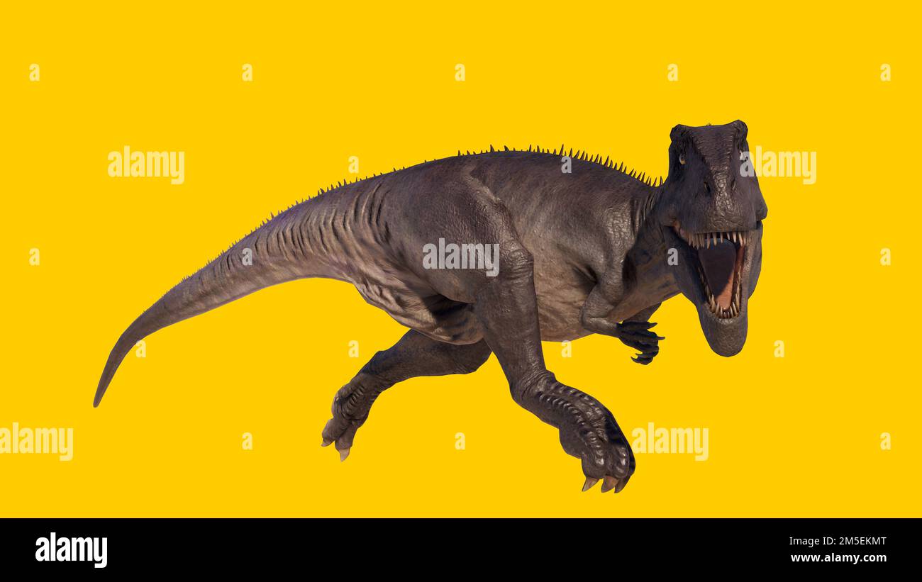 A large scary growling Giganotosaurus dinosaur isolated on a yellow ...