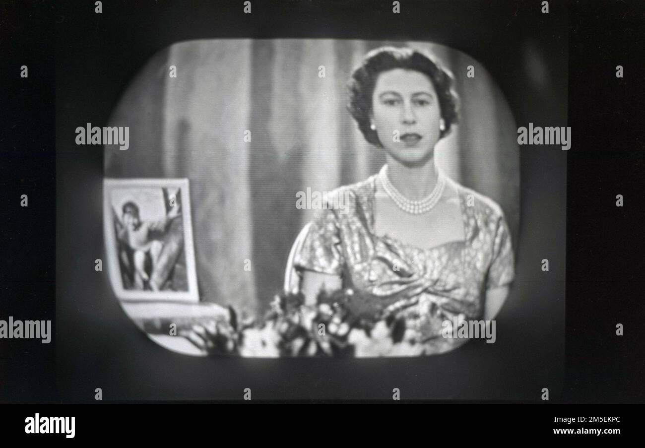 1957, historical, Queen Elizabeth II giving her Christmas message on ...