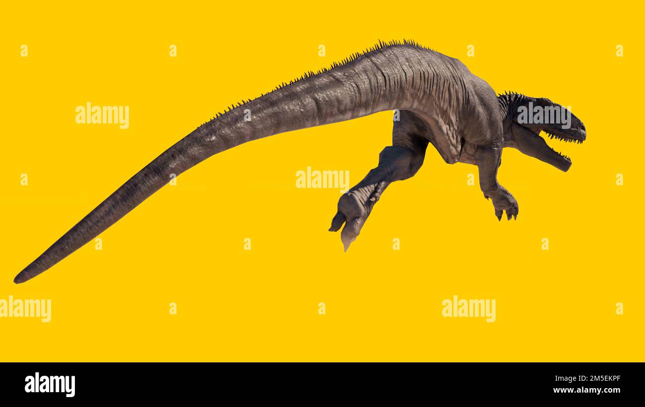 A large scary growling Giganotosaurus dinosaur isolated on a yellow ...