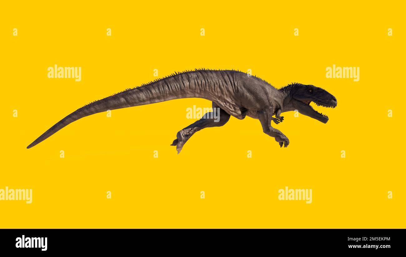 A large scary growling Giganotosaurus dinosaur isolated on a yellow ...