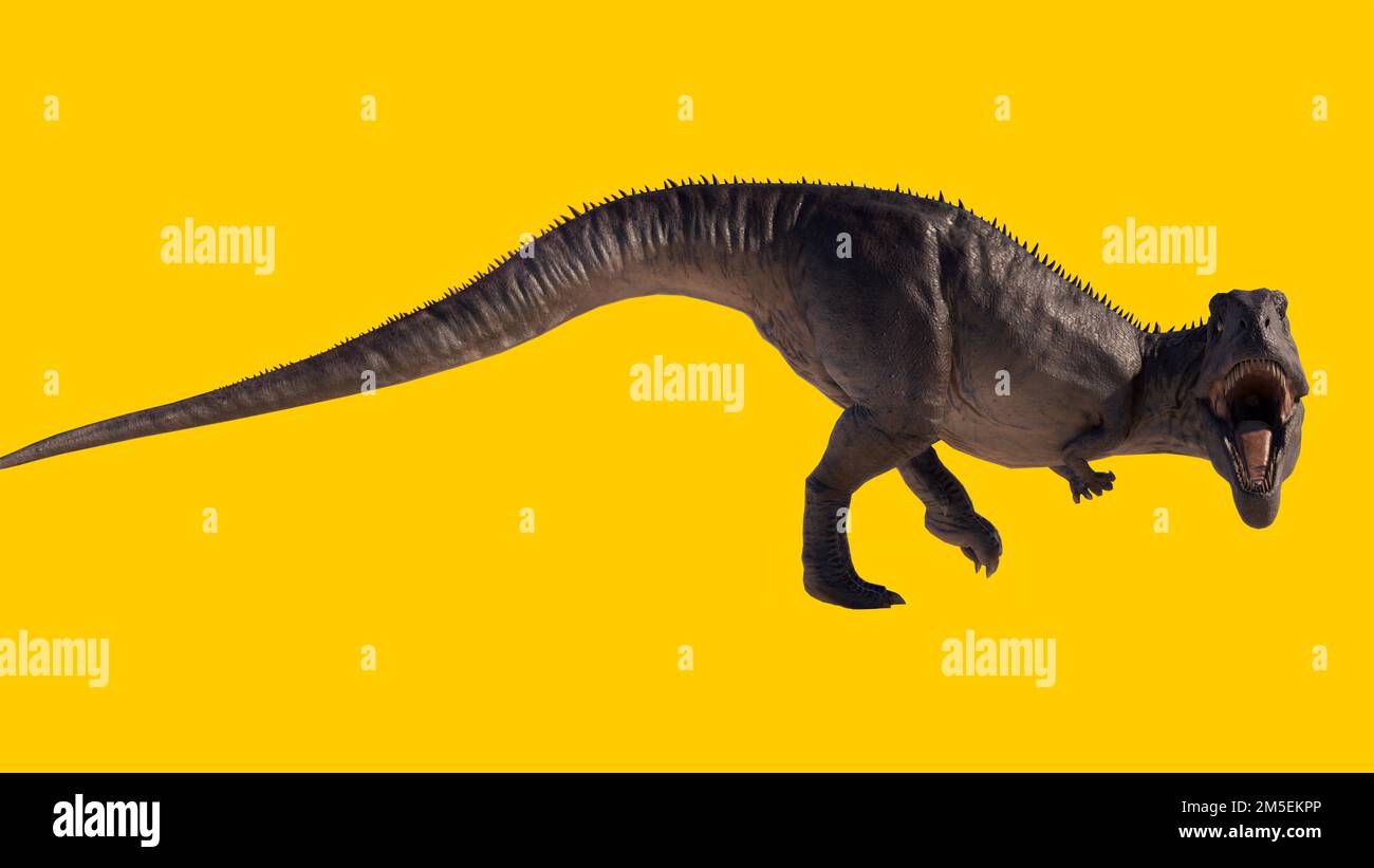 A large scary growling Giganotosaurus dinosaur isolated on a yellow ...