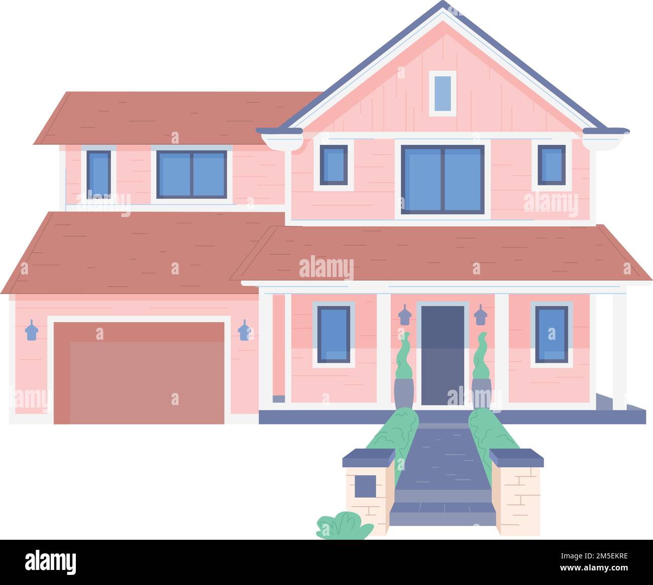 Suburban house and garage. Residential property front view isolated on ...