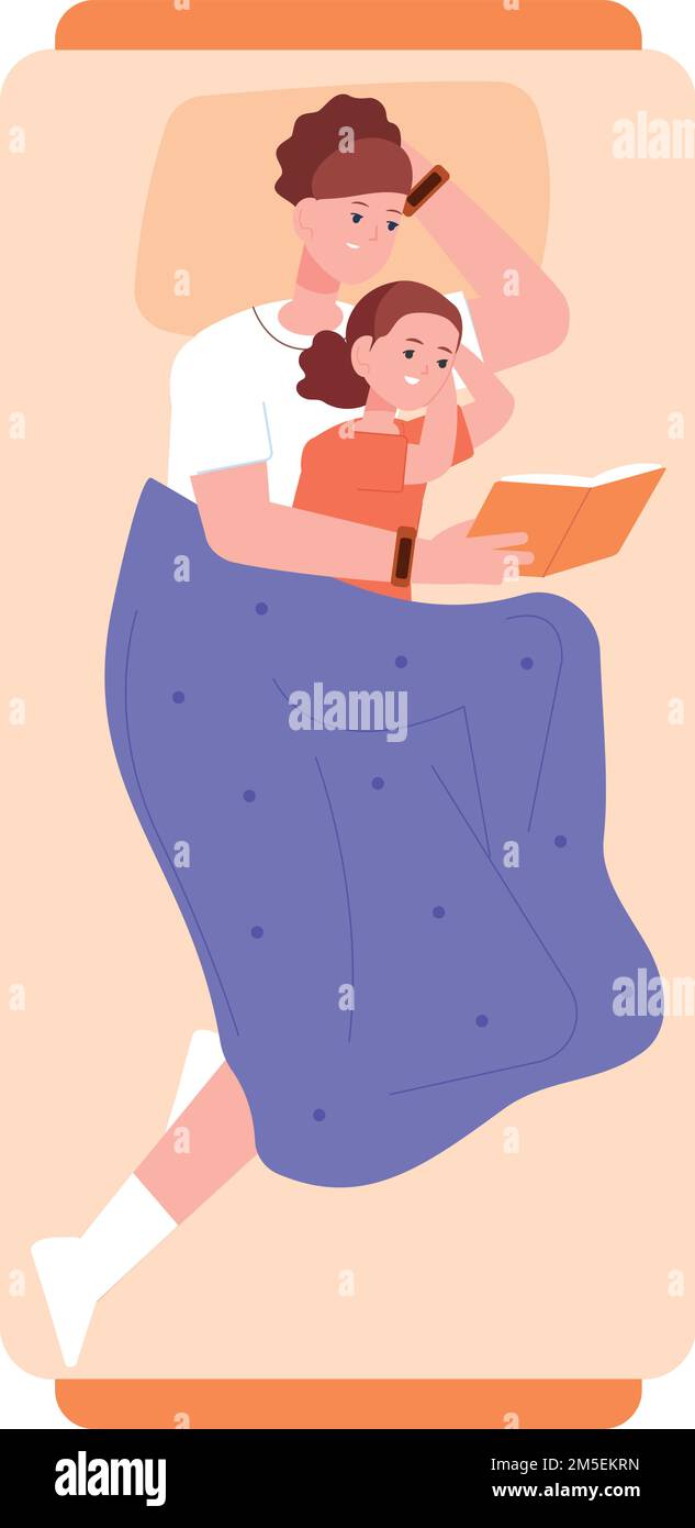 Mom and daughter reading book in bed. Putting kid to sleep isolated on ...