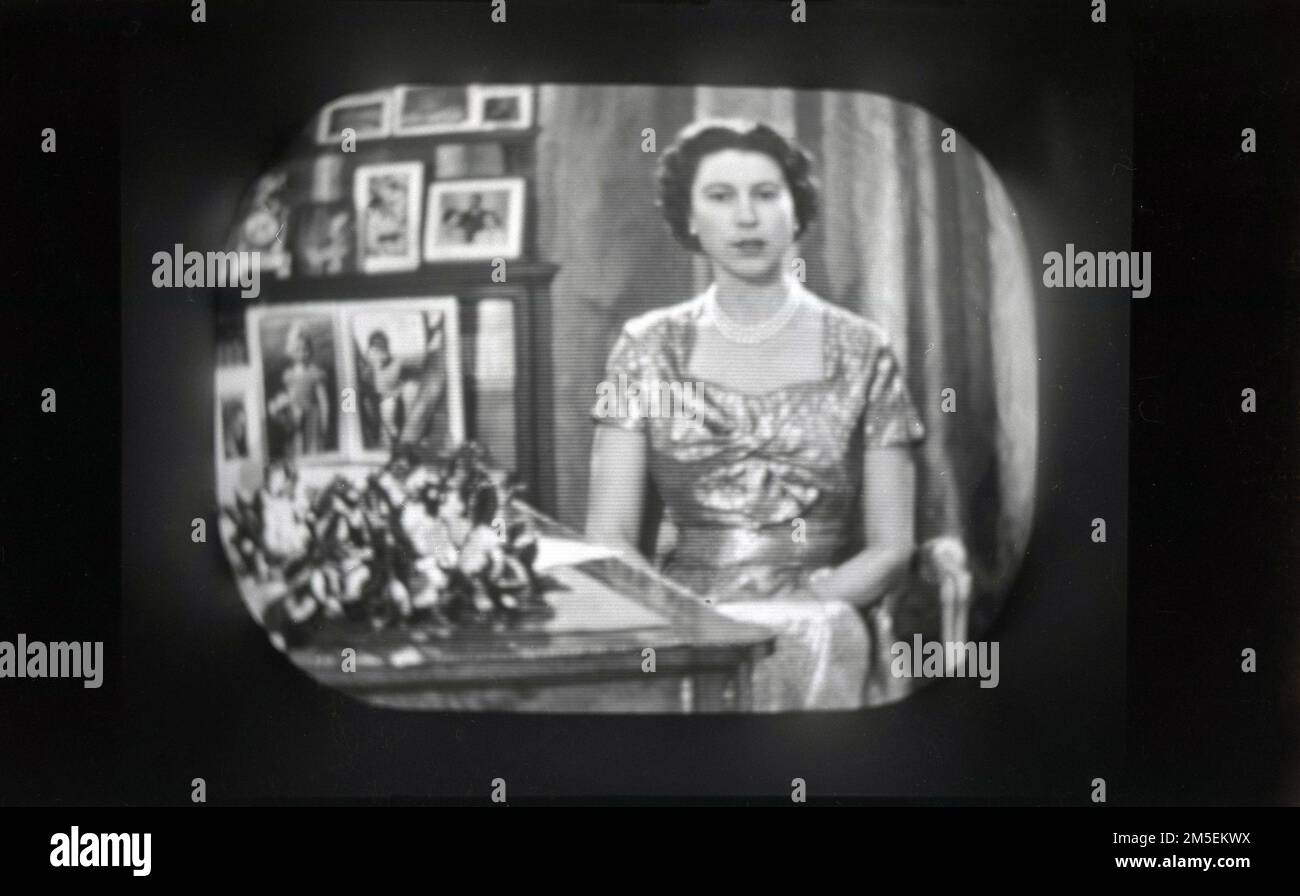 1957, historical, Queen Elizabeth II giving her Christmas message on ...