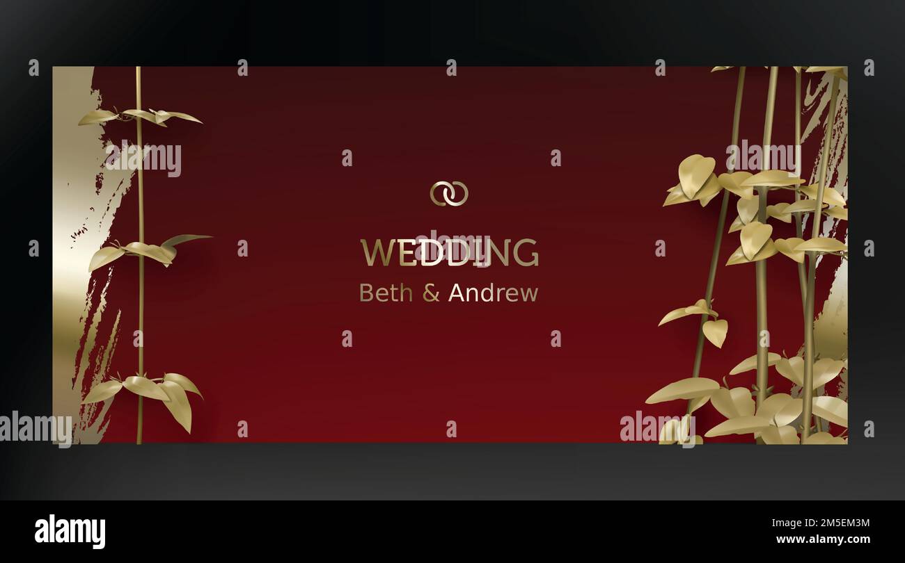 Tropical gold leaves on maroon background vector. Botanical exotic ...