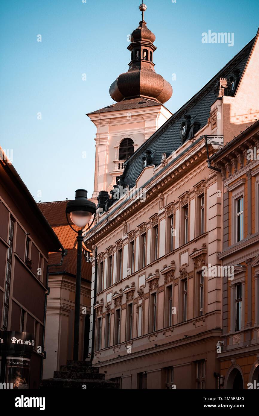A vertical shot of the tower on the center of Sibiu, Romania, and its ...