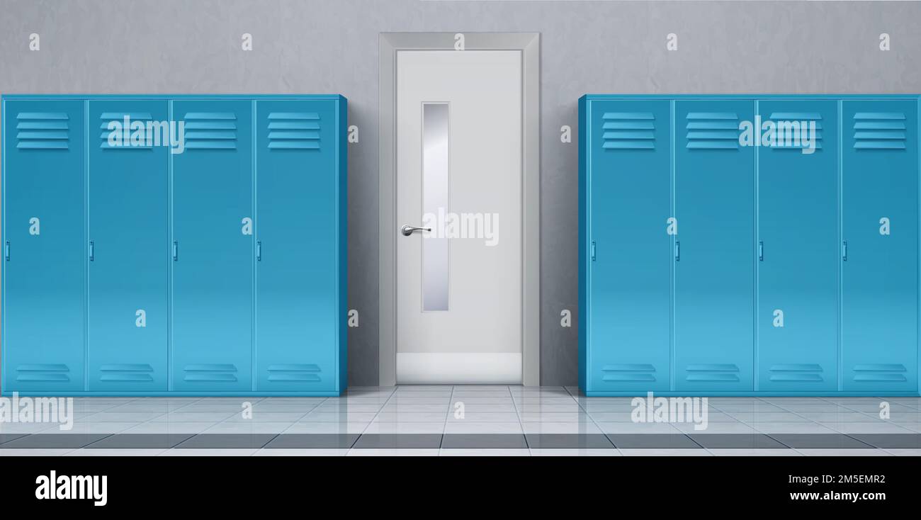 Blue lockers in school corridor and closed door to class room. Vector ...