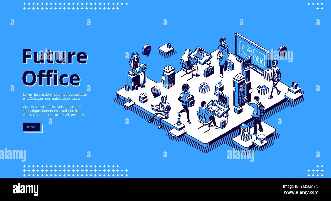 Future office isometric landing page. Human and ai robots work together ...