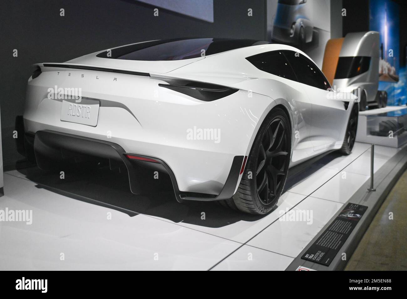 A New-Generation Tesla Roadster sits on display at the Petersen ...
