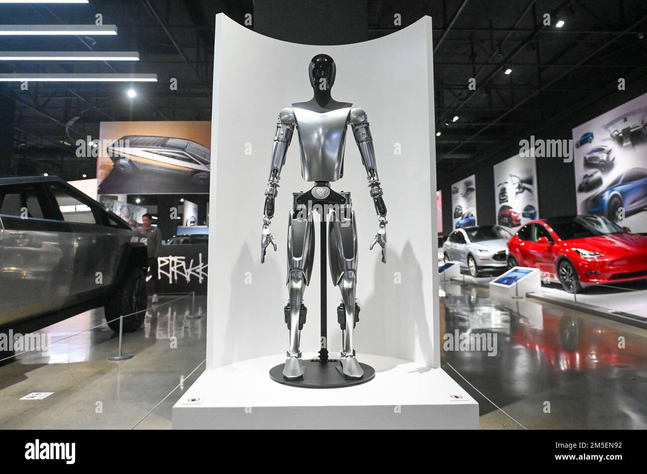 A Tesla Bot Prototype sits on display at the Petersen Automotive Museum ...