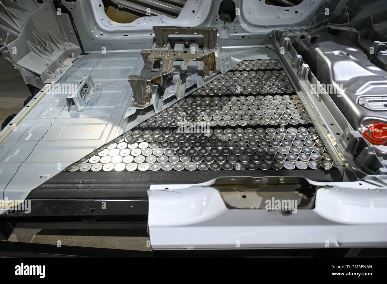 Detailed view of the Tesla 4680 battery pack for the Tesla Model Y on ...