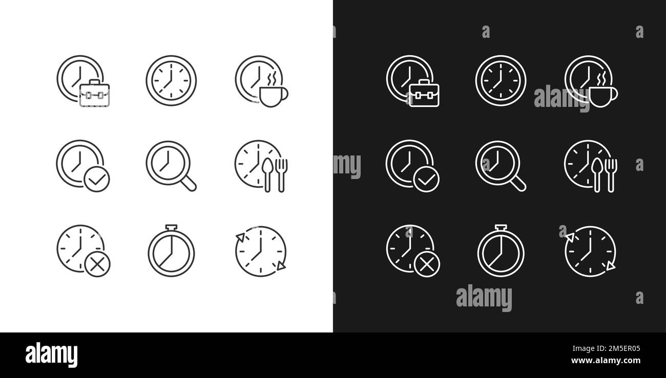 Timekeeping in daily life pixel perfect linear icons set for dark ...