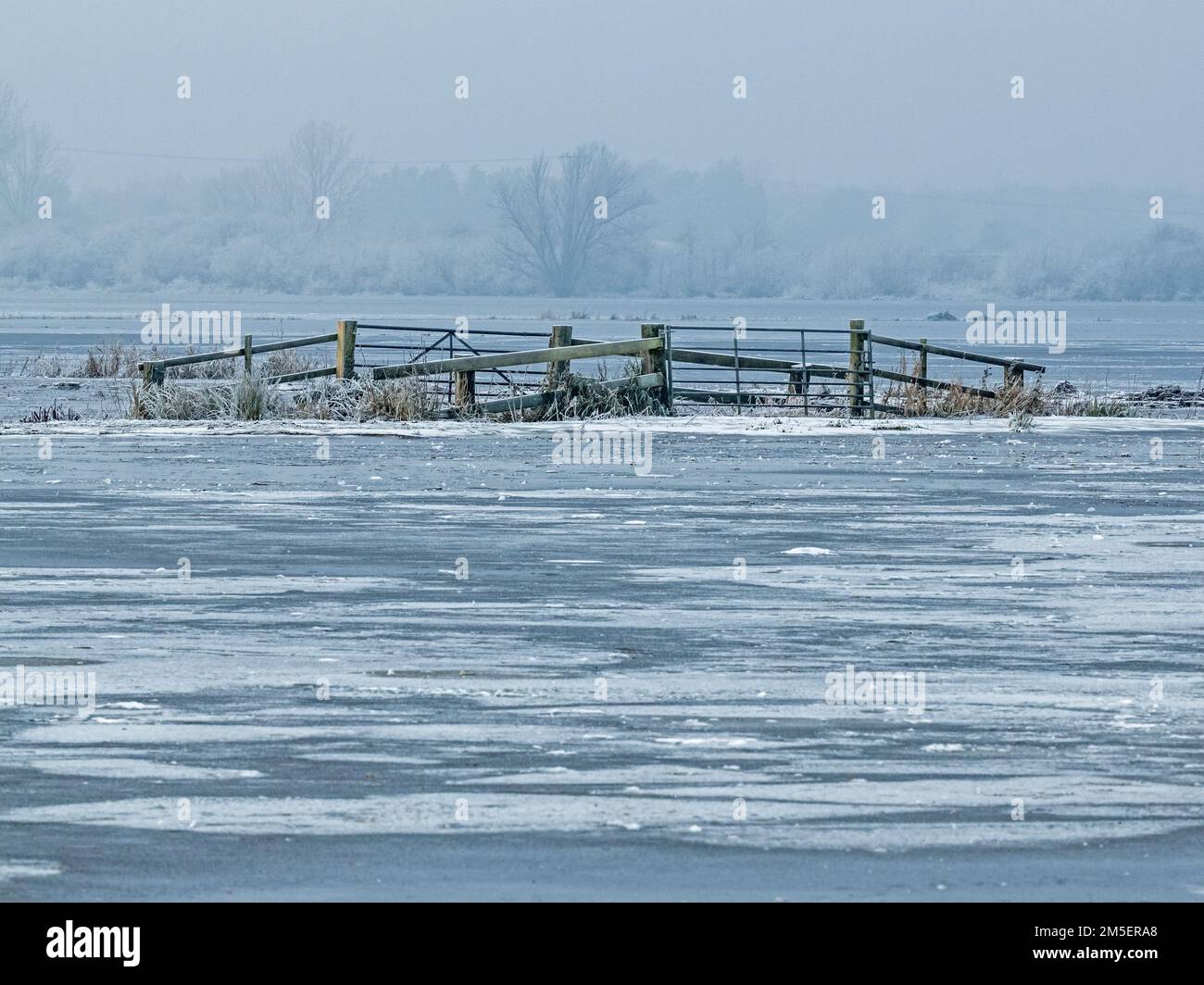 View across ice to flooded gates in the Ouse Washes, Welney, Norfolk ...