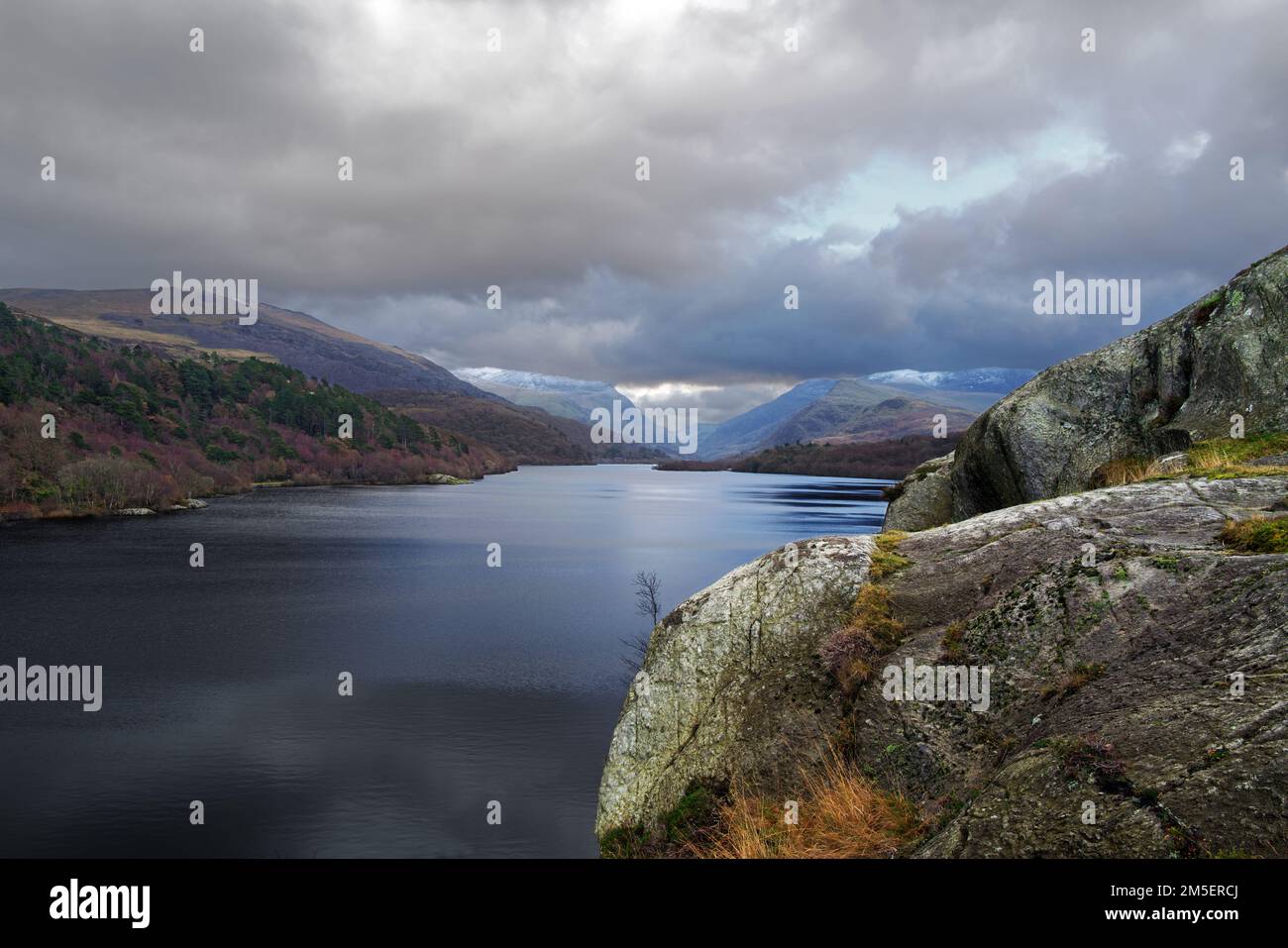 A view looking across Lake Padarn towards the Llanberis Pass from the ...