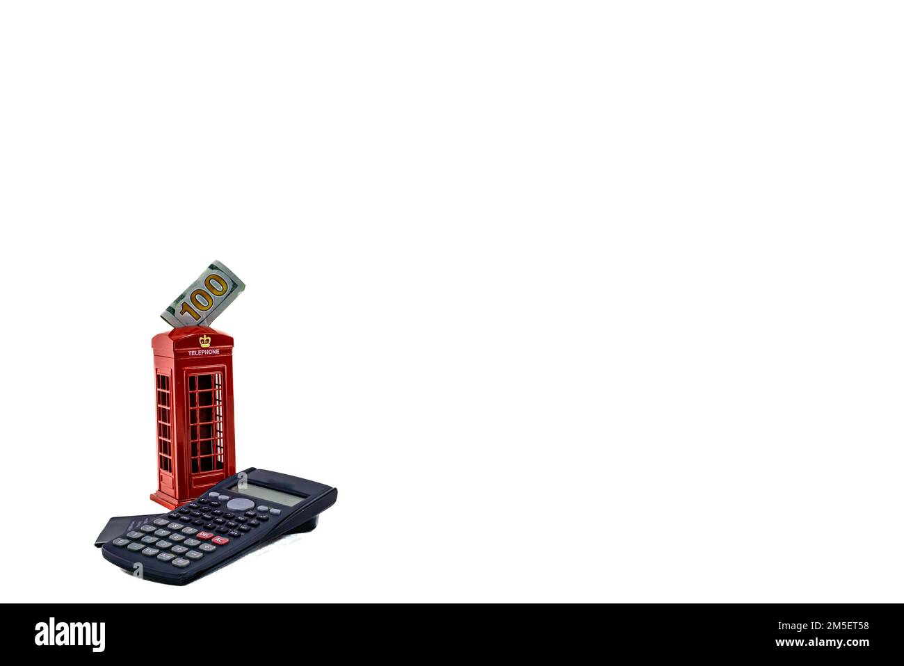 Red phone booth with 100 dollar, money box london, penny or piggy bank ...