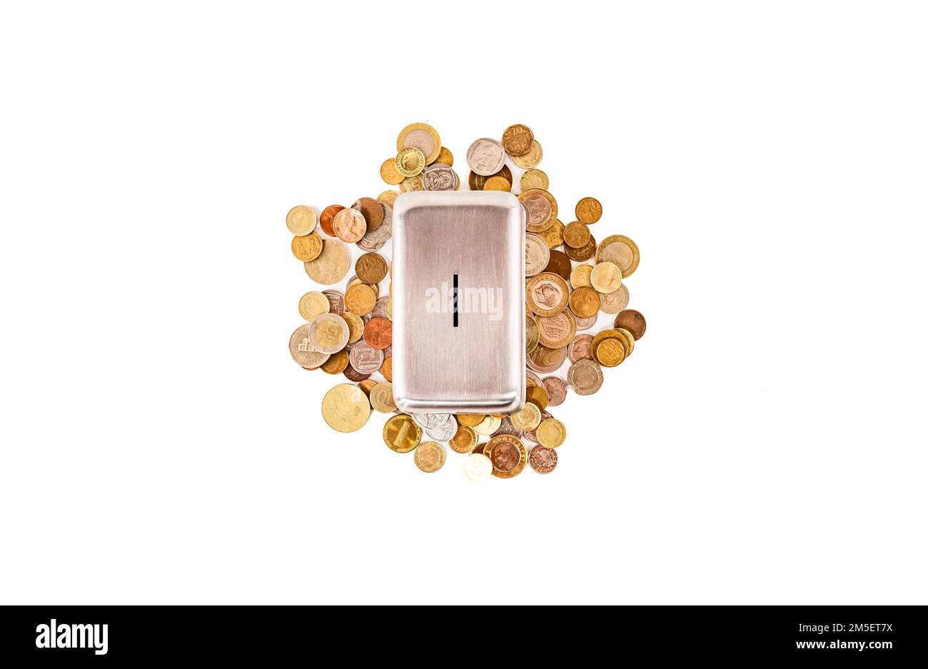 Metal steel money box, penny or piggy bank. Top view coins and Metal ...