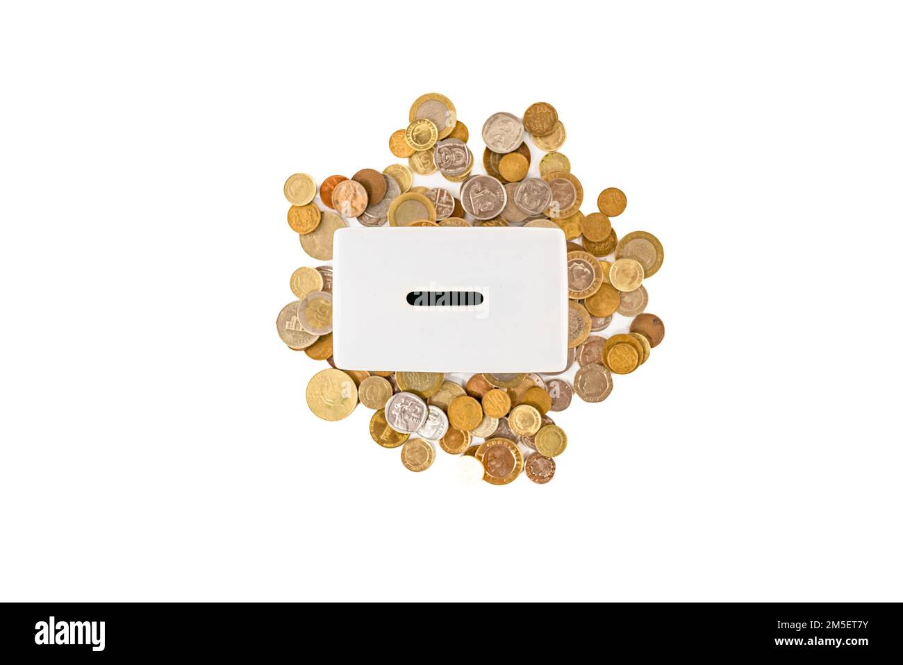 Ceramic money box, penny or piggy bank. Top view coins and Ceramic jug ...