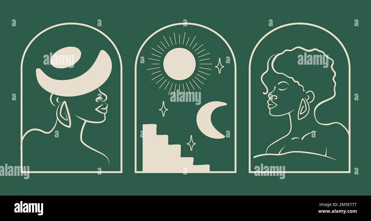 Esoteric woman emblem set with moon and sun. Magic simple logo icons ...