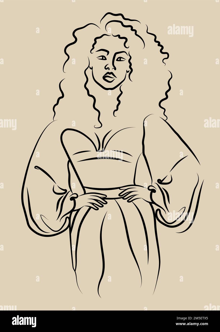 African woman in dress line drawing beige poster Stock Vector Image ...