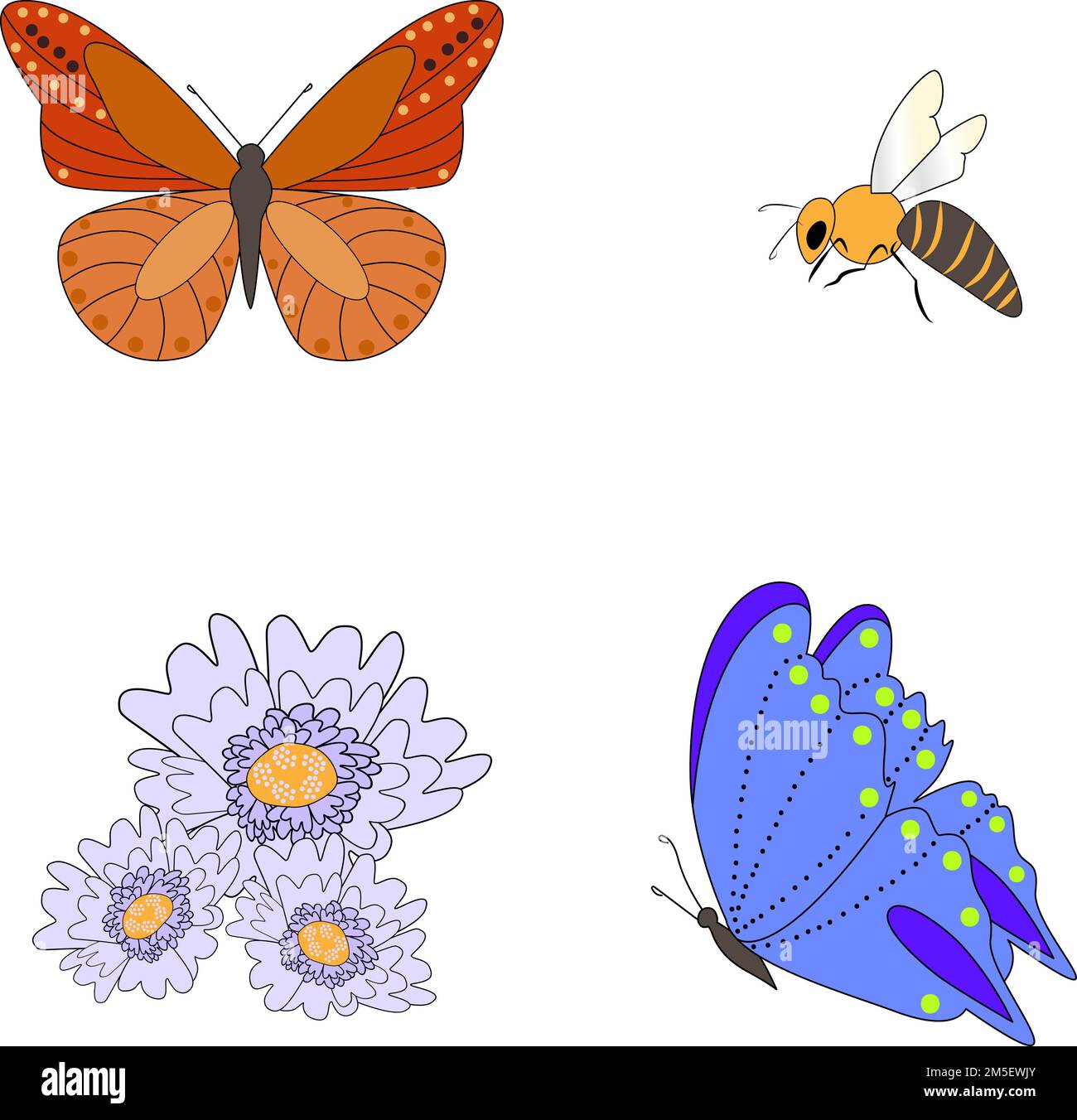 Vector Spring Illustration of a butterfly, a bee and flowers. A set of ...
