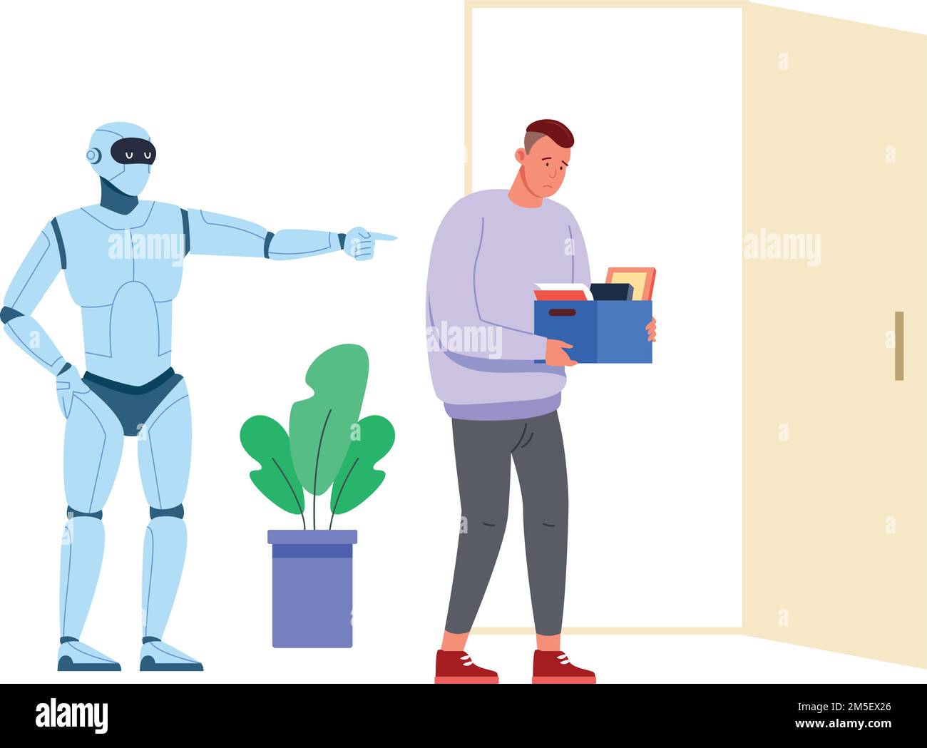 Robot firing human employee. Future office work isolated on white ...