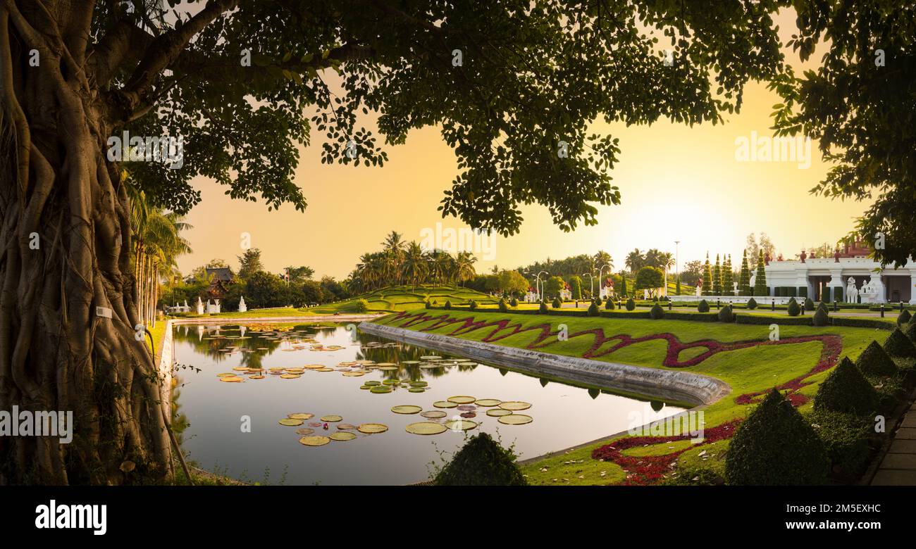 Royal Flora Ratchaphruek Park. The temple of Grand Pavilion or Hor Kam ...