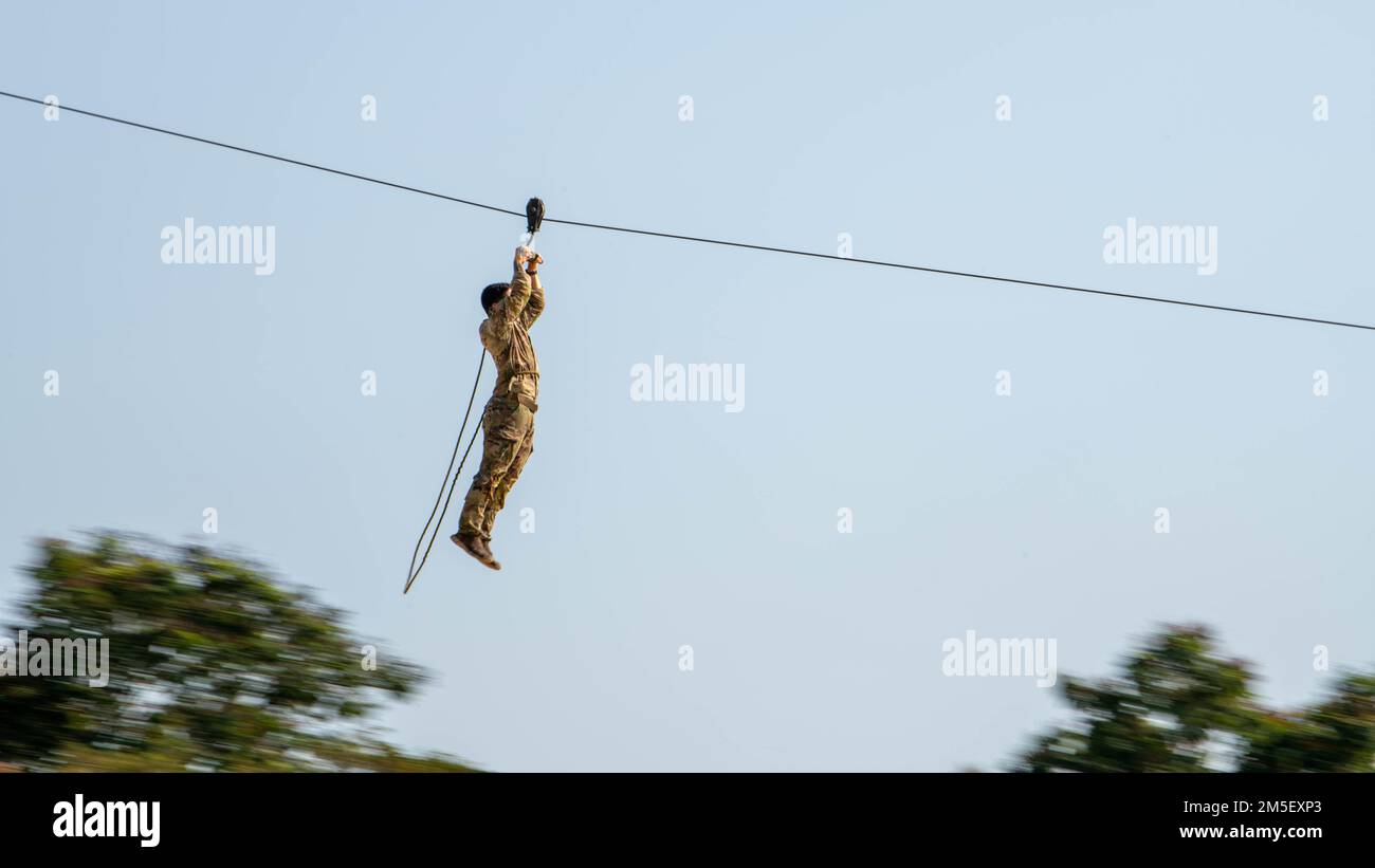 A soldier travels on a zip-line as part of a confidence course on the ...