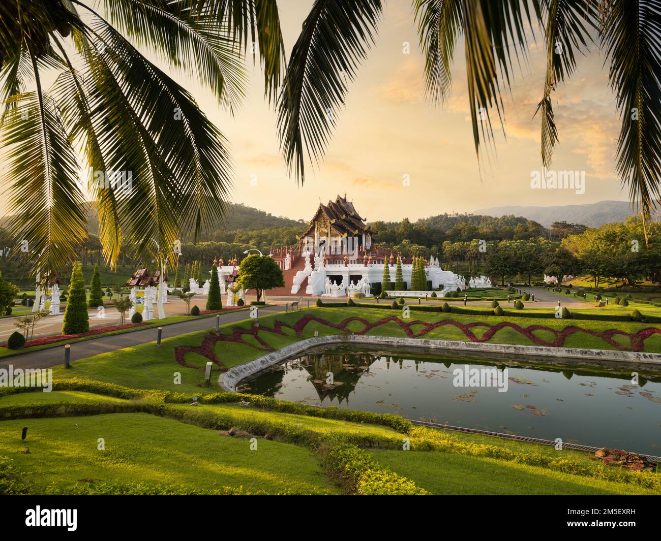 Royal Flora Ratchaphruek Park. The temple of Grand Pavilion or Hor Kam ...