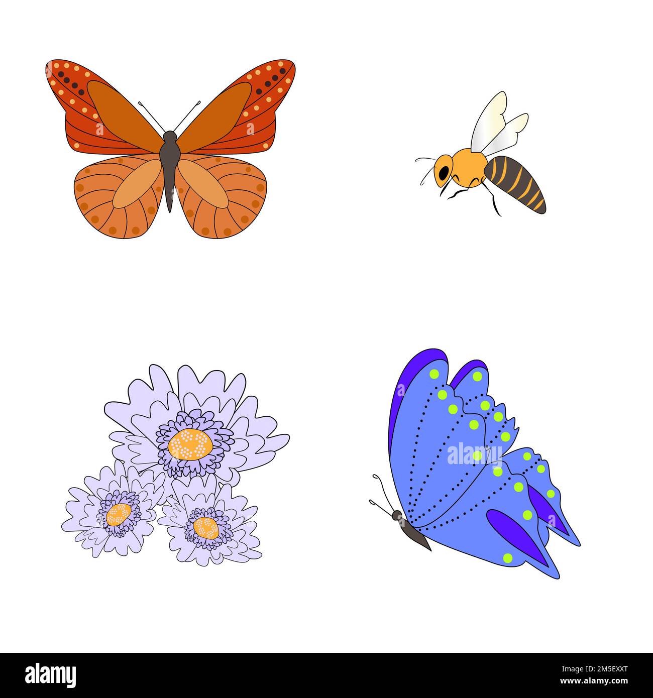 Vector Spring Illustration of a butterfly, a bee and flowers. A set of ...
