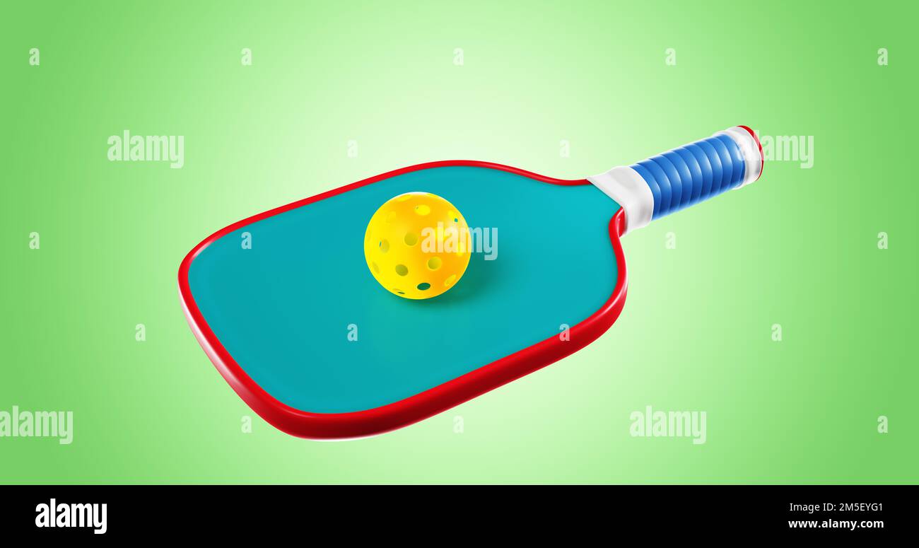 Pickleball racket paddle with ball on green background background ...