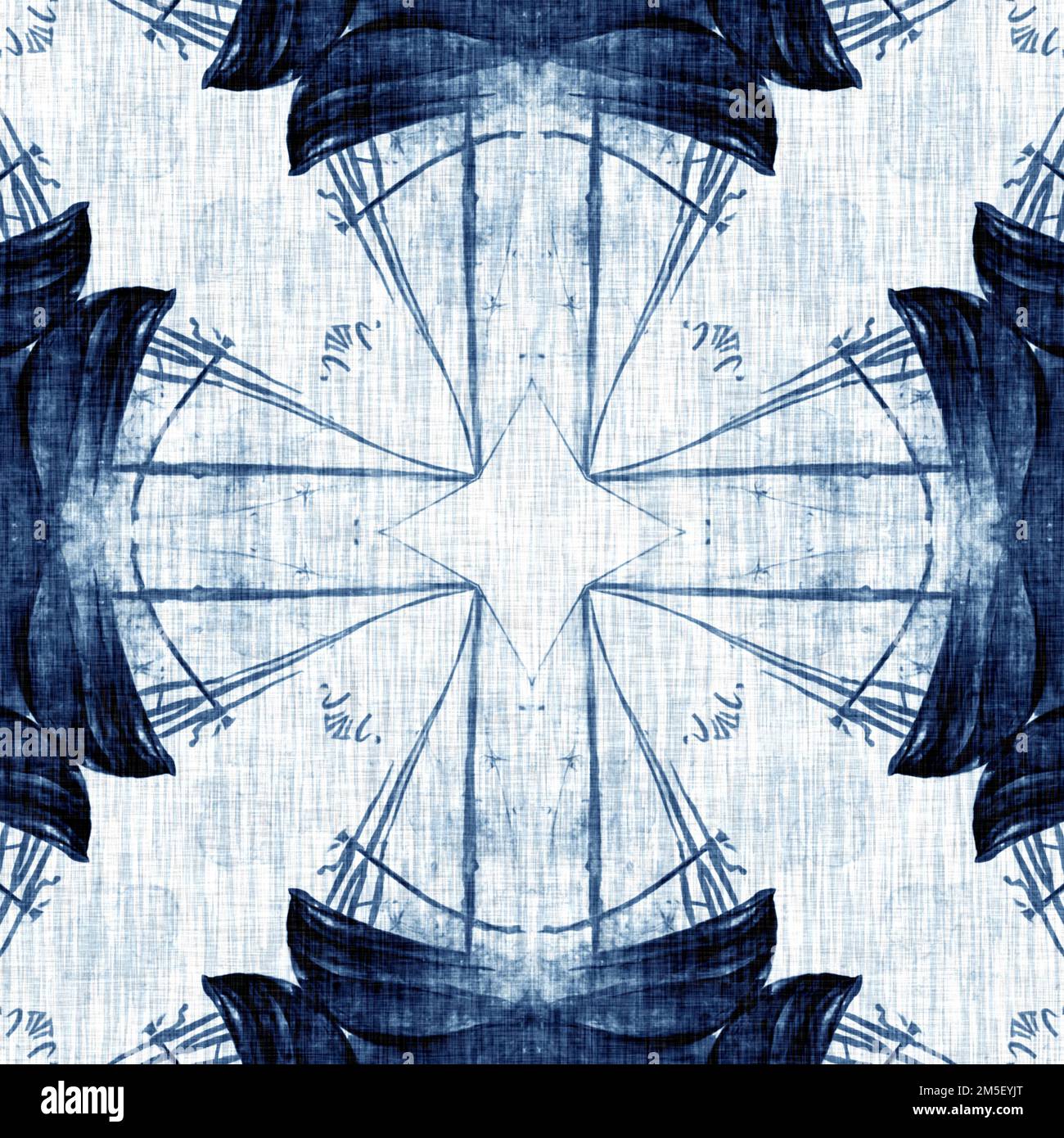 Indigo Dye Wash Coastal Damask Quilt Seamless Pattern. Washed out ...