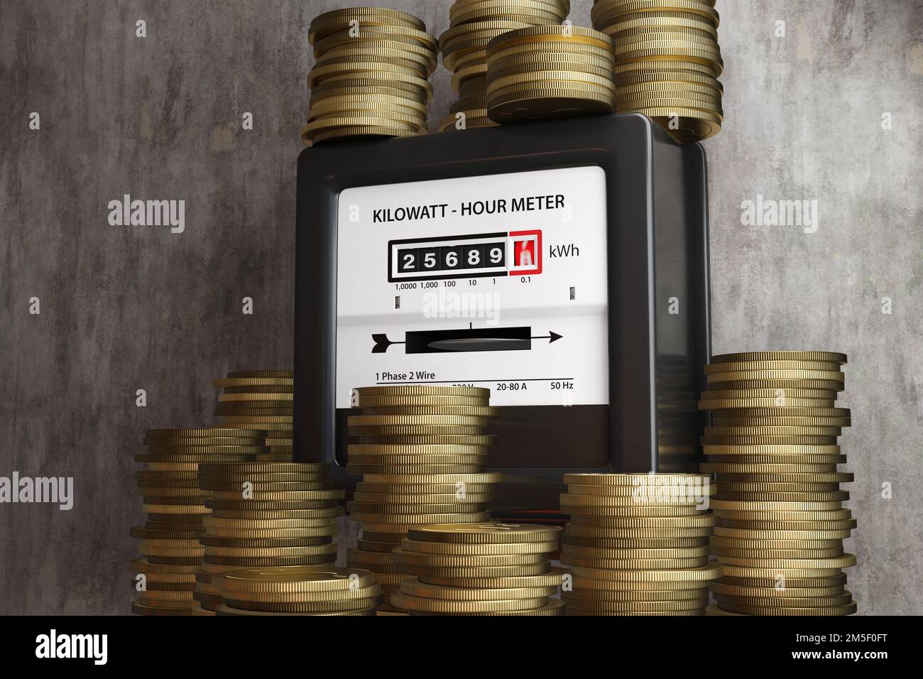 Stacks of gold coins around an electric meter. Illustration of the ...