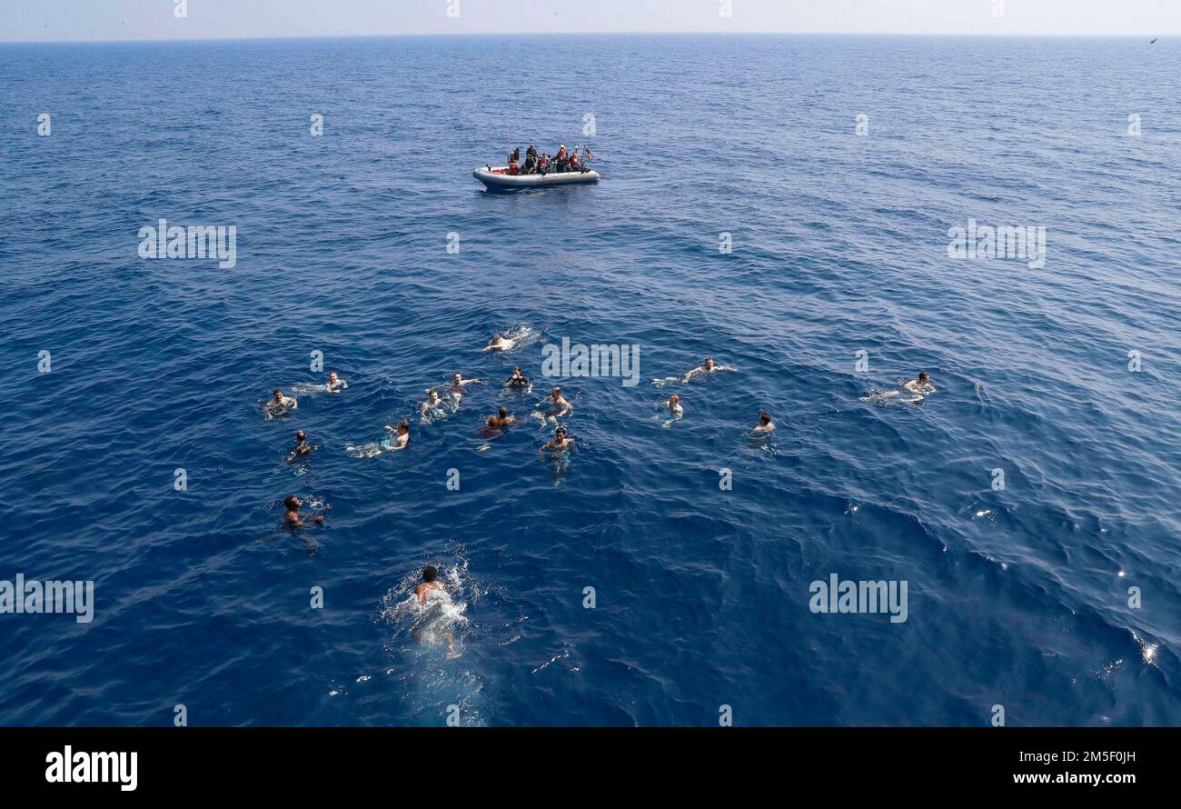 INDIAN OCEAN (March 9, 2022) Sailors participate in a swim call onboard ...